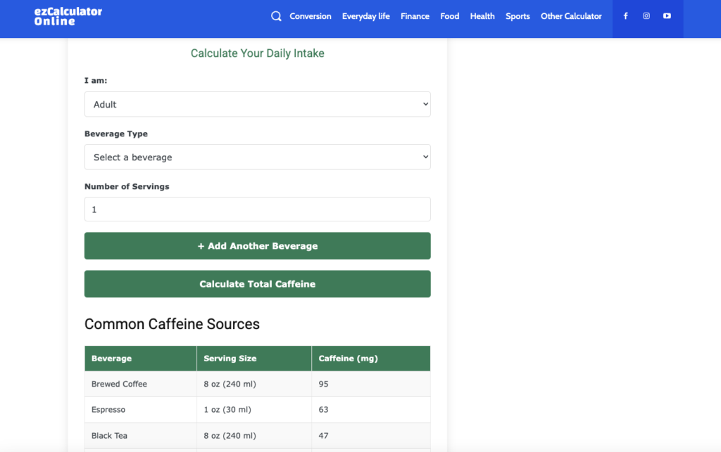 Caffeine Daily Limit Calculator – Track Your Caffeine Intake