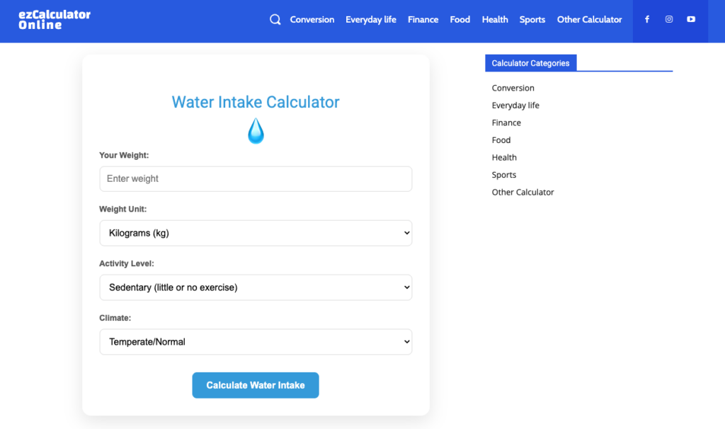 Water Intake Calculator – Discover Your Personalized Hydration Goal