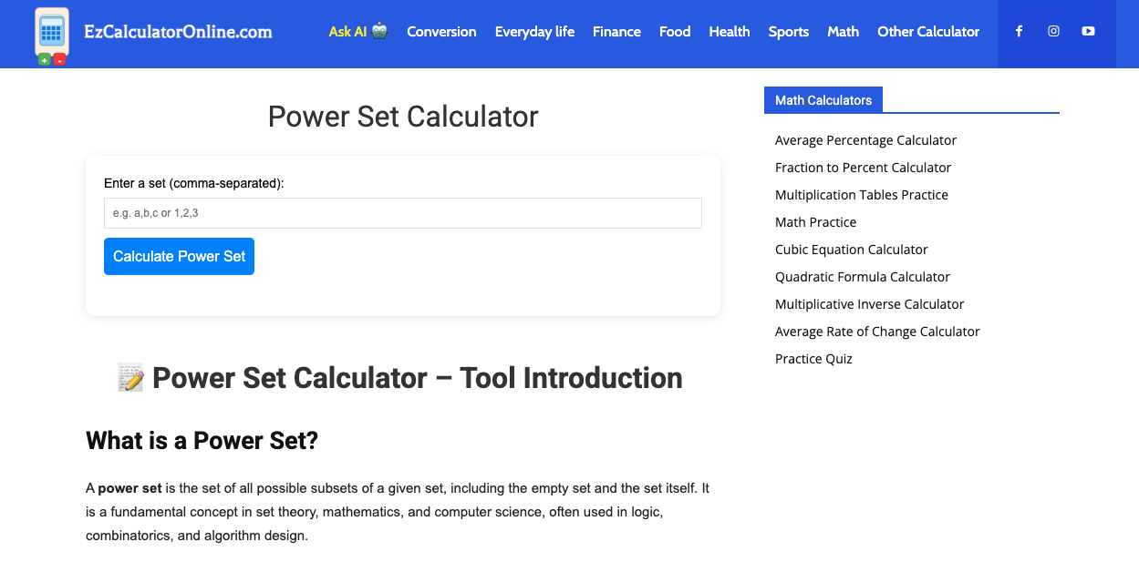 Power Set Calculator – Generate All Subsets of Any Set Instantly