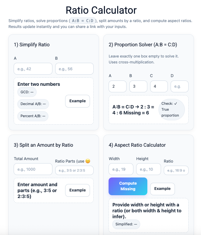 Ratio Calculator – Simplify Ratios & Solve Proportions Fast