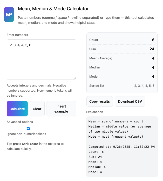 Mean, Median & Mode Calculator – Free Online Statistics Tool