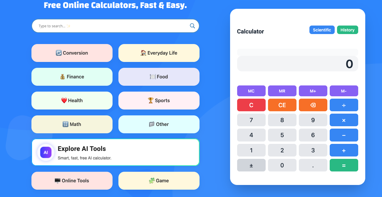 EzCalculatorOnline – Free Calculators, AI Tools & Games