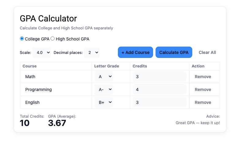GPA Calculator — College & High School GPA Tool