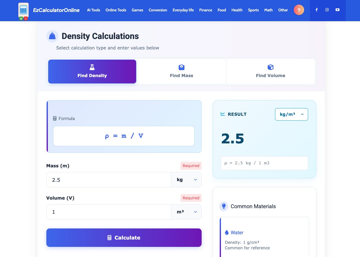 Density Calculator – Calculate Density, Mass & Volume Easily