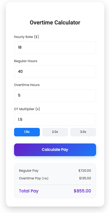 Overtime Calculator – Calculate Pay, OT Hours & Total Earnings