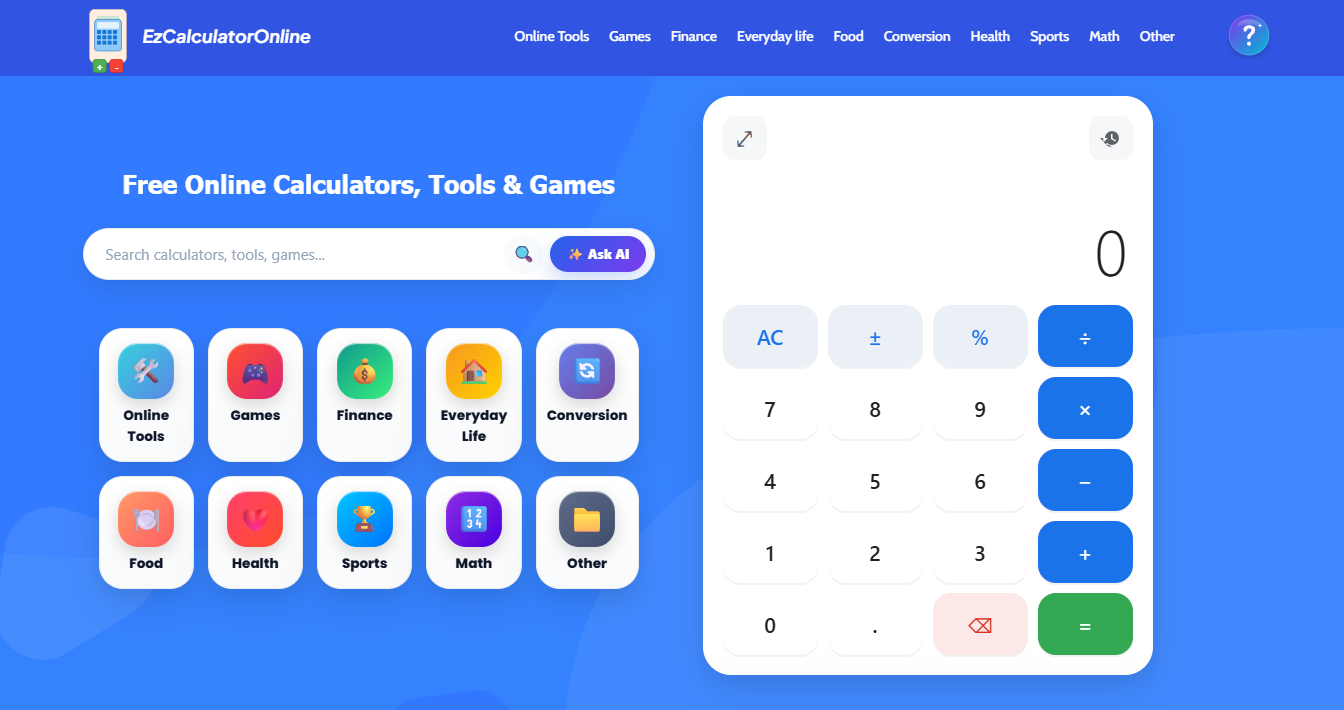 EzCalculatorOnline – Free Calculators, AI Tools & Games